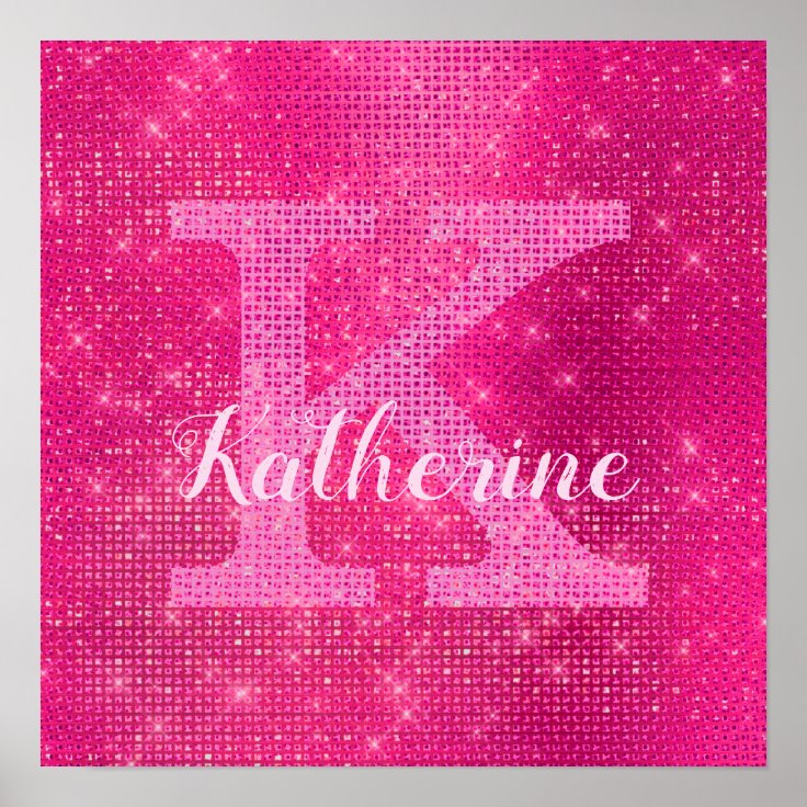 Girly Hot Pink Glitter Sparkle Glam Monogram Name Poster | Zazzle