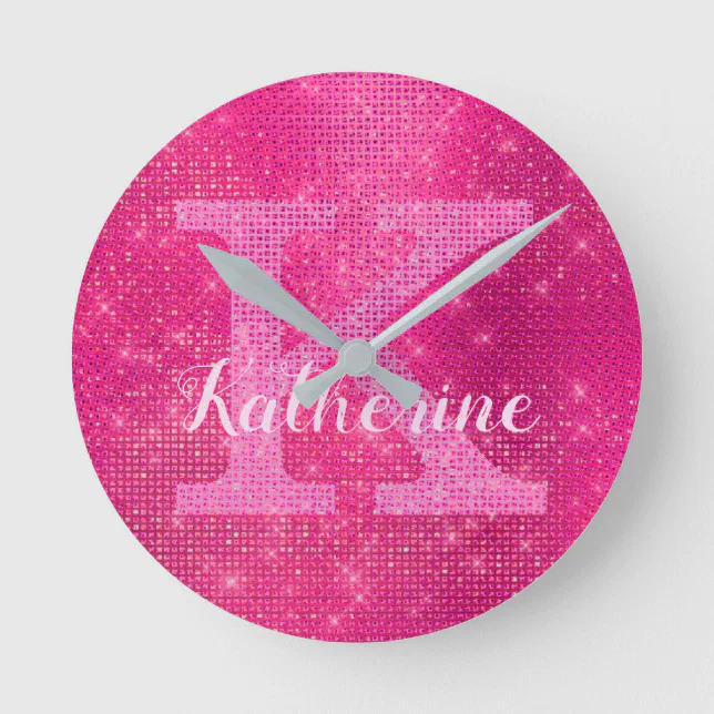 Girly Hot Pink Glitter Sparkle Glam Monogram Name Round Clock | Zazzle