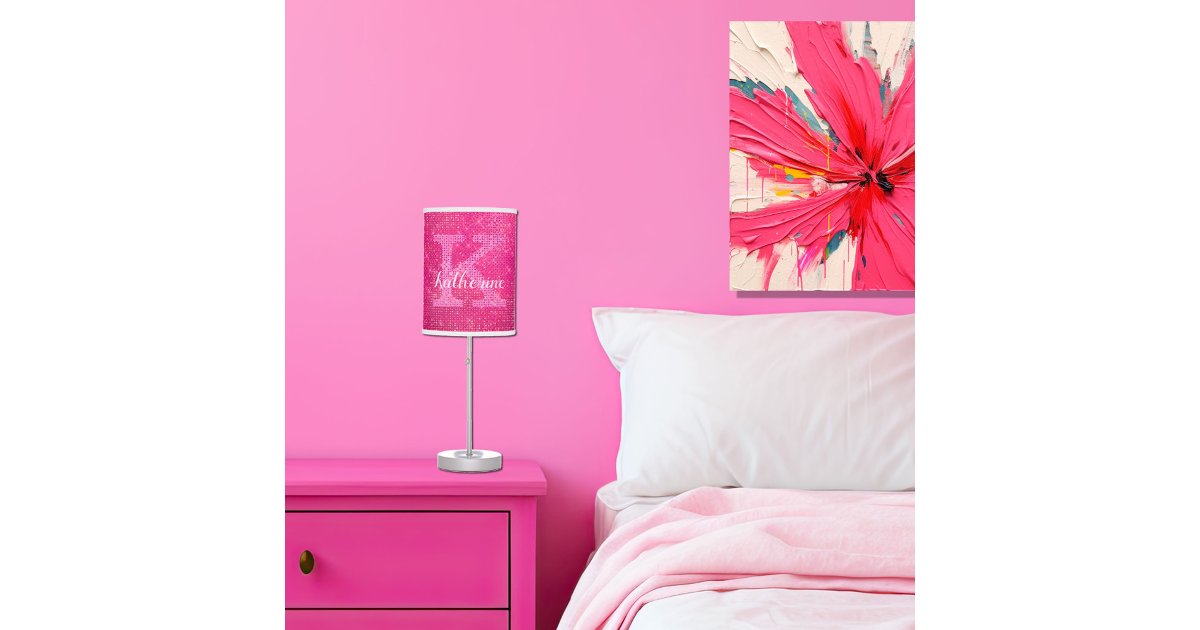 Girly Hot Pink Glitter Sparkle Glam Monogram Name Table Lamp | Zazzle