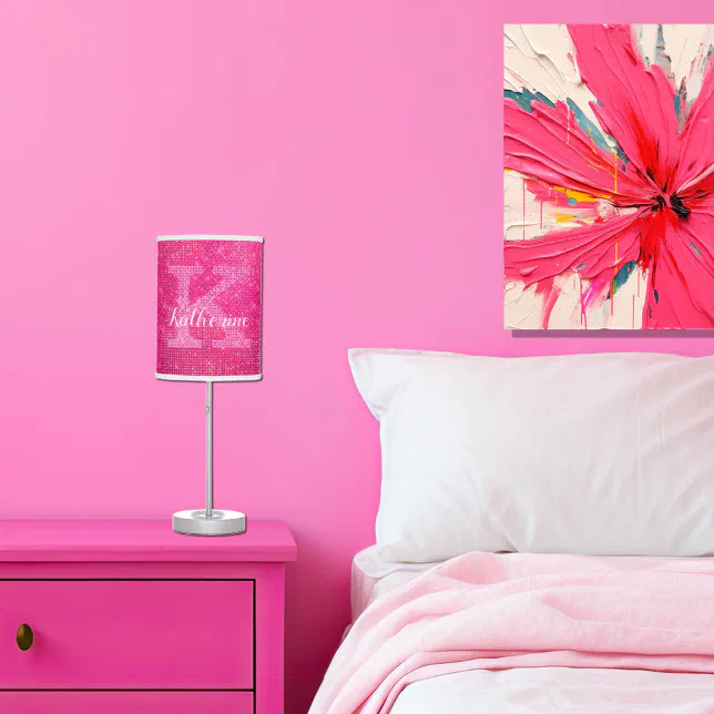 Girly Hot Pink Glitter Sparkle Glam Monogram Name Table Lamp | Zazzle