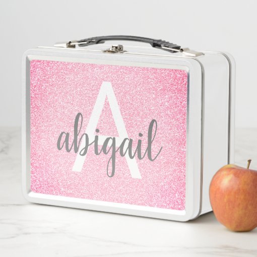 Girly Hot Pink Glitter Sparkle Monogram Name Metal Lunch Box | Zazzle