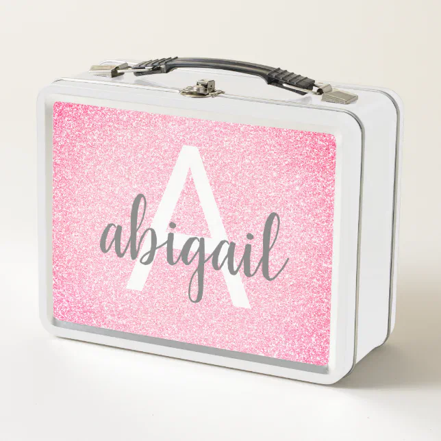 Girly Hot Pink Glitter Sparkle Monogram Name Metal Lunch Box | Zazzle