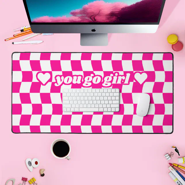Girly Hot Pink White Checkerboard Pattern Slogan Desk Mat | Zazzle