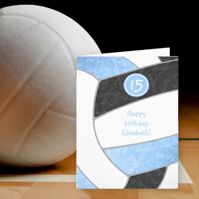 girly light blue black volleyball birthday card | Zazzle