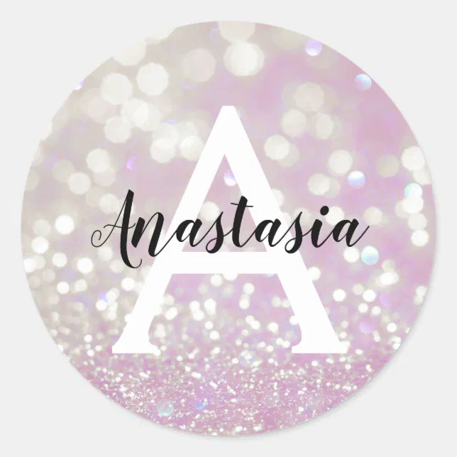 Girly Lilac Shimmer Glitter Sparkles Monogram Name Classic Round ...