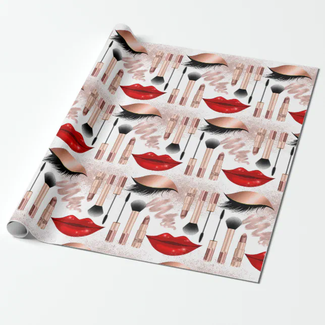 Girly Makeup Lips Eyes Pattern Rose Gold Wrapping Paper | Zazzle