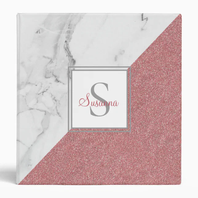 Girly Marble Blush Pink Glitter Monogram Elegant 3 Ring Binder | Zazzle