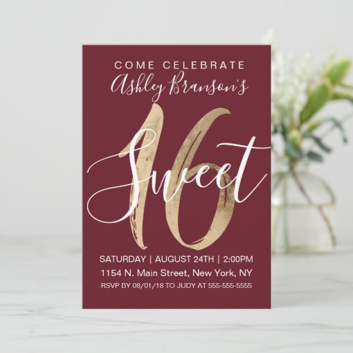 Girly Modern Gold Foil Burgundy Red Sweet 16 Invitation | Zazzle