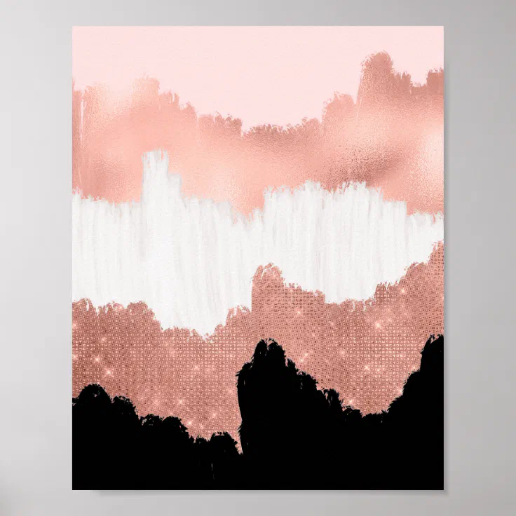 Girly Modern Rose Gold Pink Glitter Brushstroke Poster | Zazzle