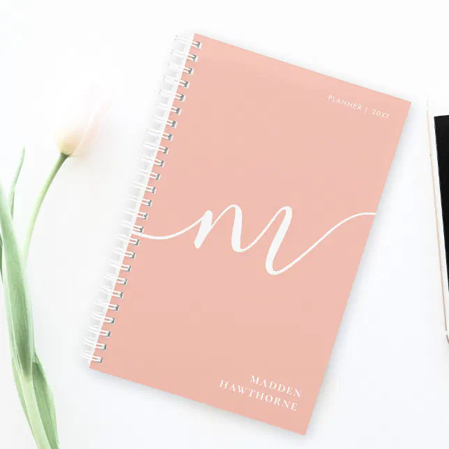 Girly Monogram Calligraphy Coral Blush Pink Planner | Zazzle