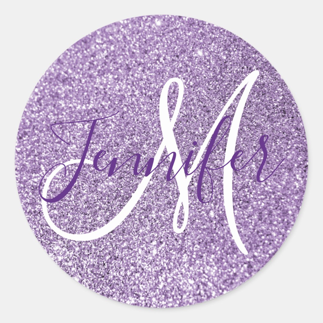 Girly Monogrammed Faux Amethyst Glitter Classic Round Sticker | Zazzle