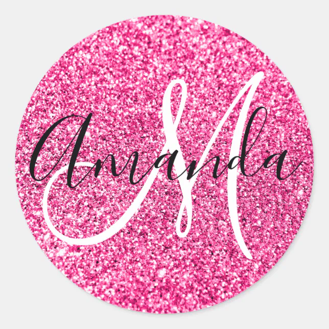 Girly Monogrammed Faux Hot Pink Glitter Classic Round Sticker | Zazzle