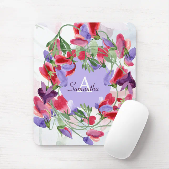 Girly Monogrammed Sweet Pea Floral Watercolor Mouse Pad | Zazzle