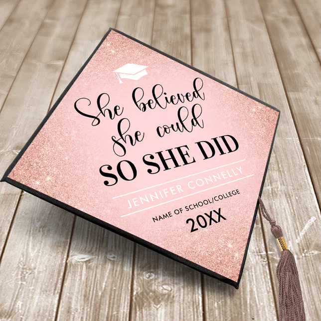 Girly Motivational Quote Pink Glitter Graduation Cap Topper | Zazzle