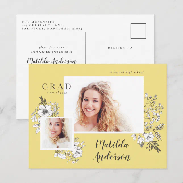 Girly multi photo floral elegant graduation party invitation postcard ...