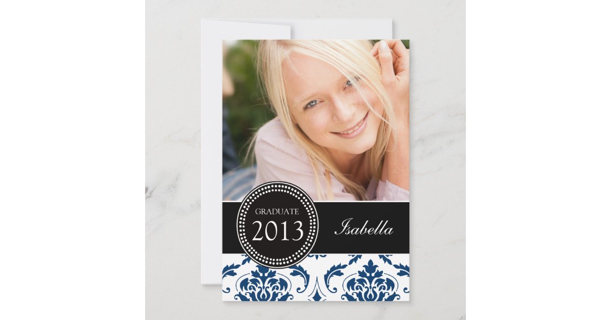 GIRLY NAVY BLUE DAMASK GRADUATE PARTY INVITATION | Zazzle