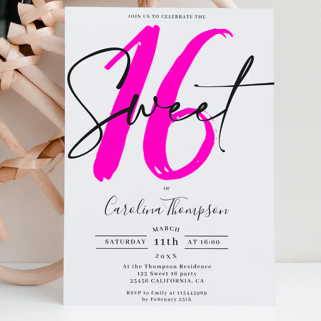 Girly neon pink border script photo Sweet 16 Invitation | Zazzle