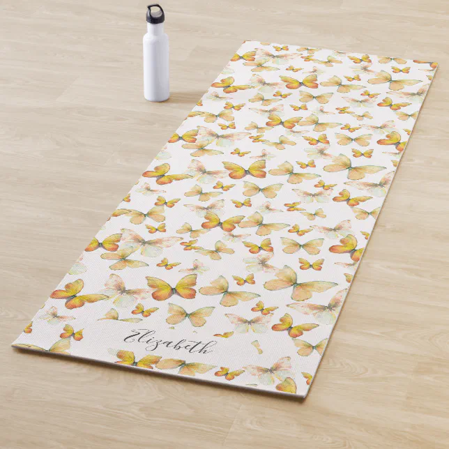 Girly Orange Pastel Butterflies Customized Yoga Mat | Zazzle