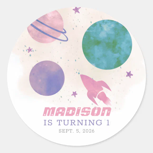 Girly Outer Space Watercolor Planet 1st Birthday Classic Round Sticker ...