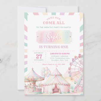 Girly Pastel Color Carnival Circus Kids Birthday Invitation | Zazzle