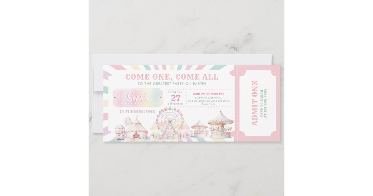 Girly Pastel Color Carnival Circus Ticket Birthday Invitation | Zazzle