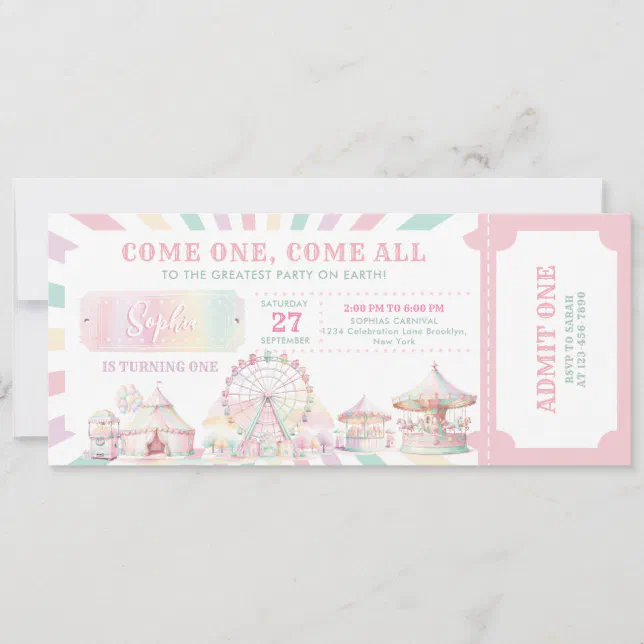 Girly Pastel Color Carnival Circus Ticket Birthday Invitation | Zazzle