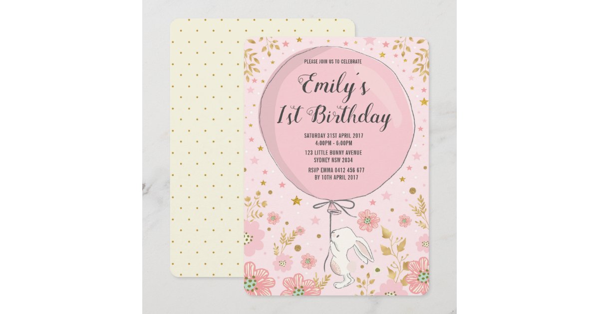 Girly Pastel Pink Bunny Rabbit Birthday Party Invitation | Zazzle