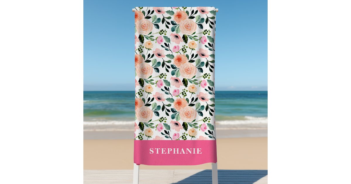 Girly Peach And Pink Roses Watercolor Floral Beach Towel | Zazzle