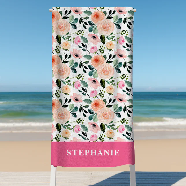 Girly Peach And Pink Roses Watercolor Floral Beach Towel | Zazzle