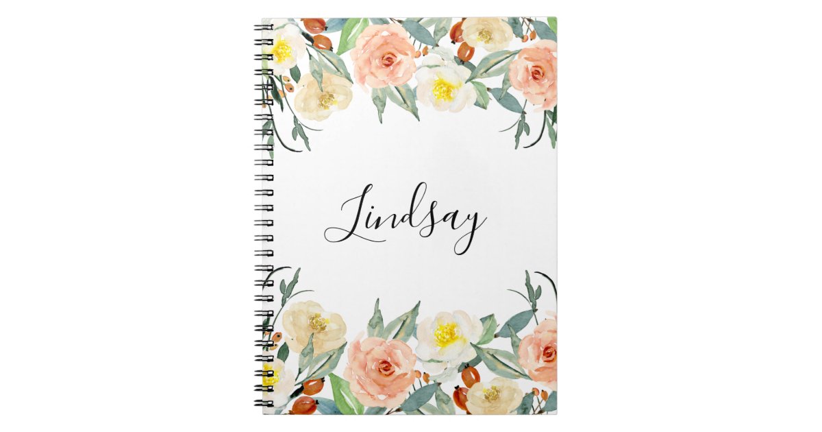 Girly Peach Watercolor Flowers Monogrammed Notebook | Zazzle