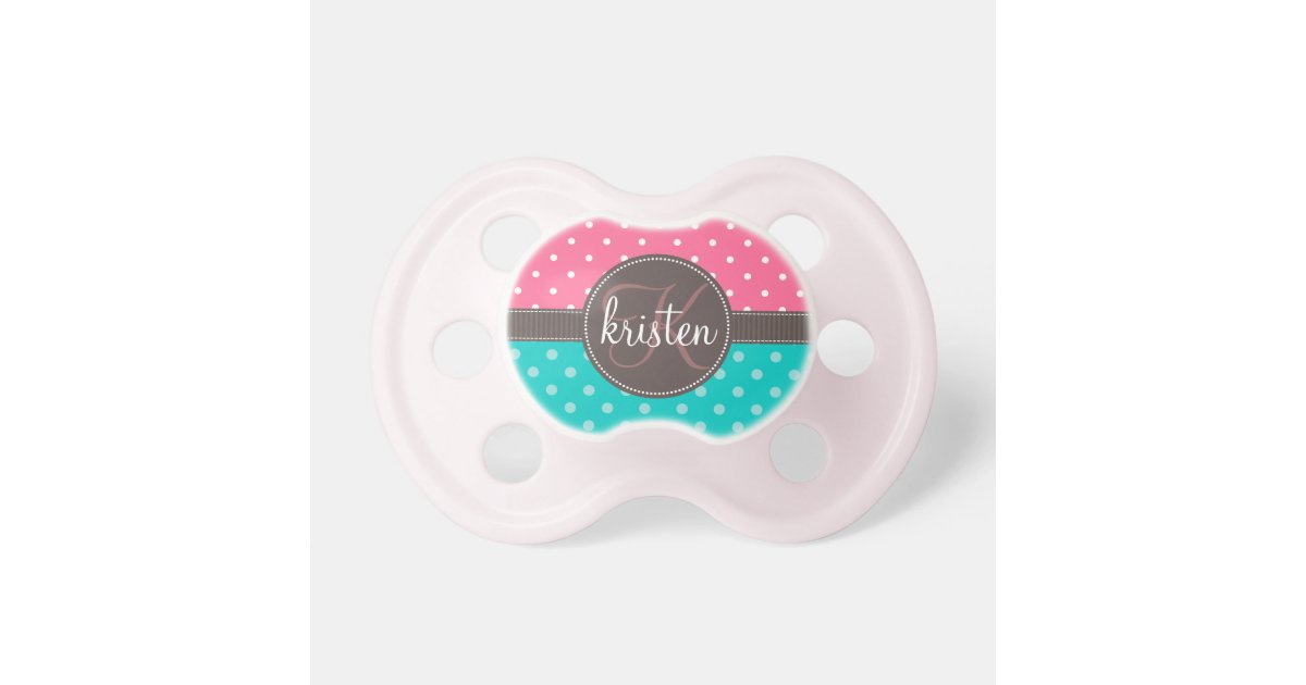 Girly Personalized Pink & Teal Dots Pacifier | Zazzle