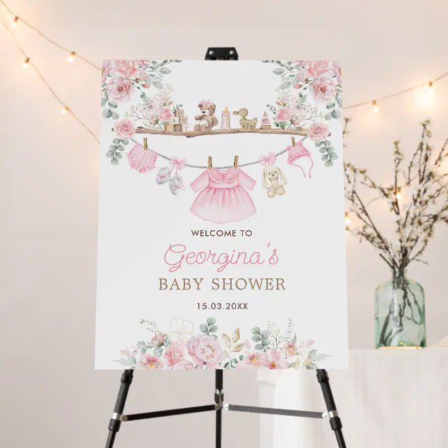 Girly Pink Baby Clothes Floral Clothesline Welcome Foam Board | Zazzle