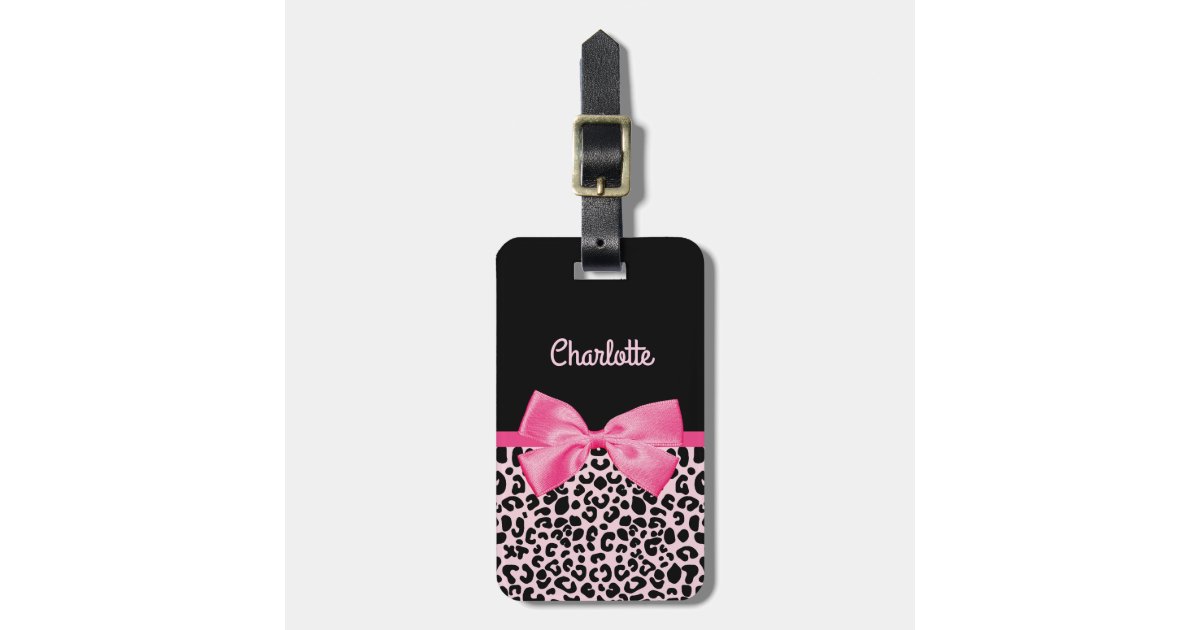 Girly Pink Black Leopard Print Cute Bow and Name Luggage Tag | Zazzle