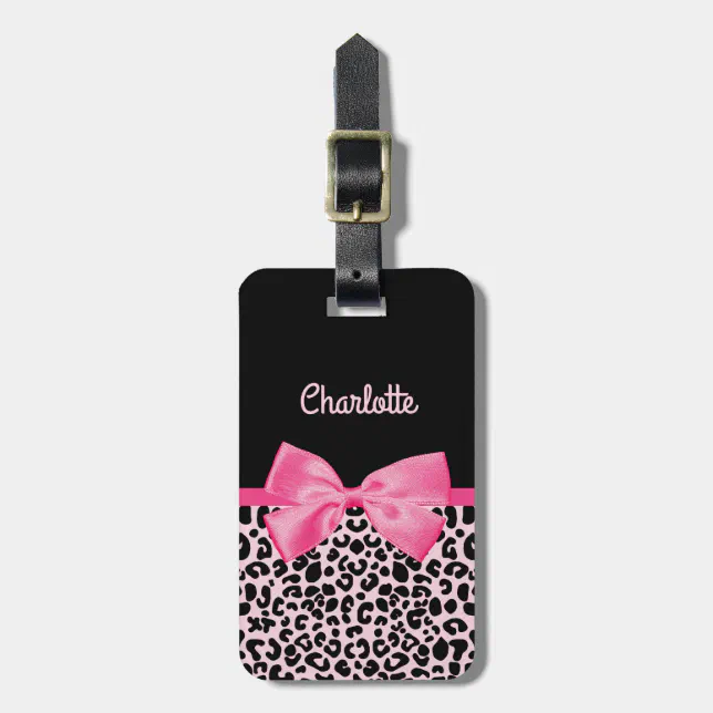 Girly Pink Black Leopard Print Cute Bow and Name Luggage Tag | Zazzle