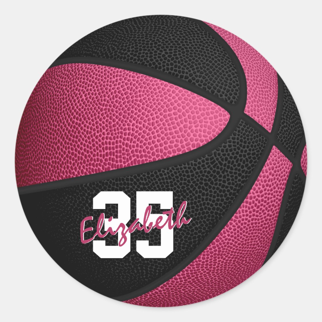 girly pink black personalized basketball classic round sticker | Zazzle
