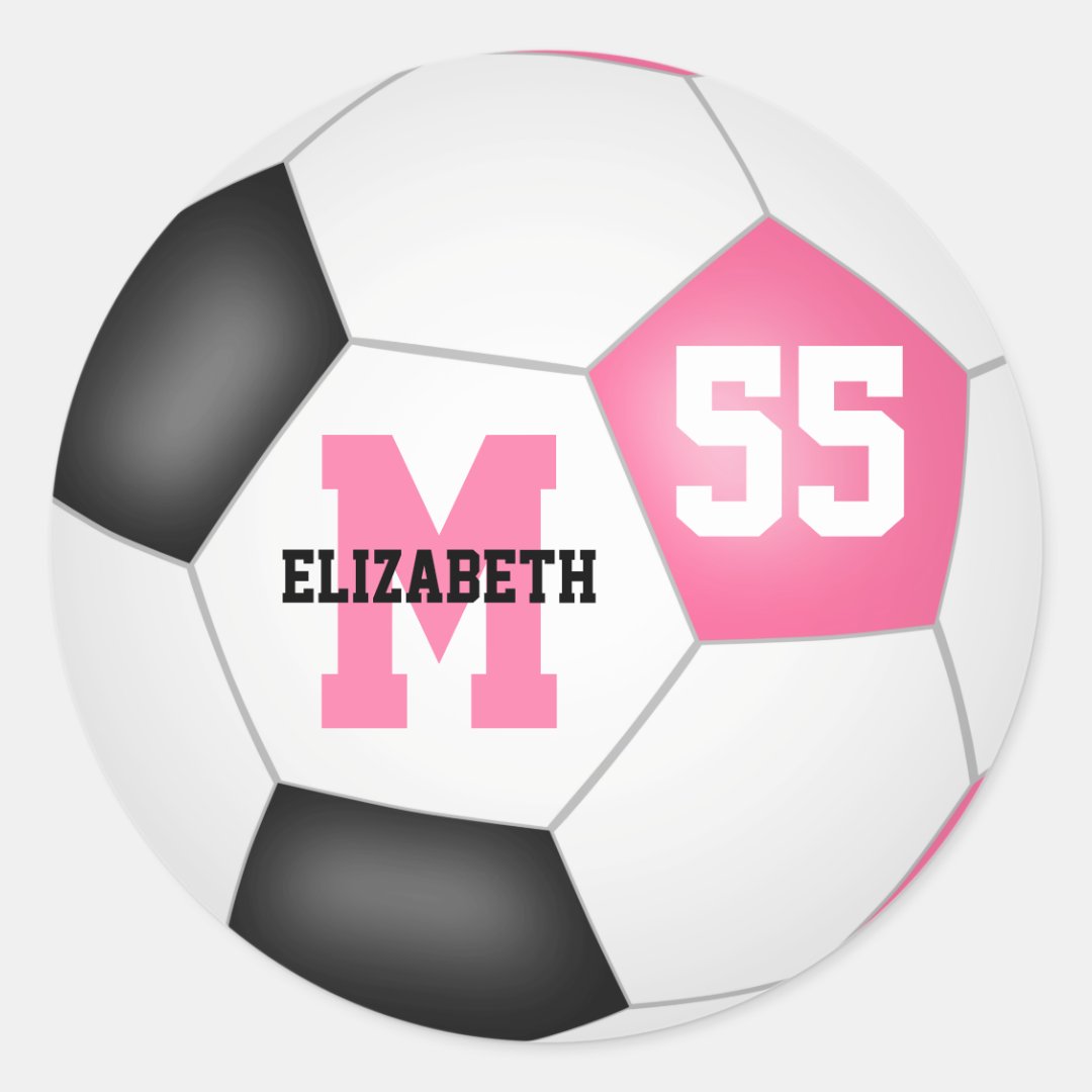 girly pink black soccer ball personalized classic round sticker | Zazzle