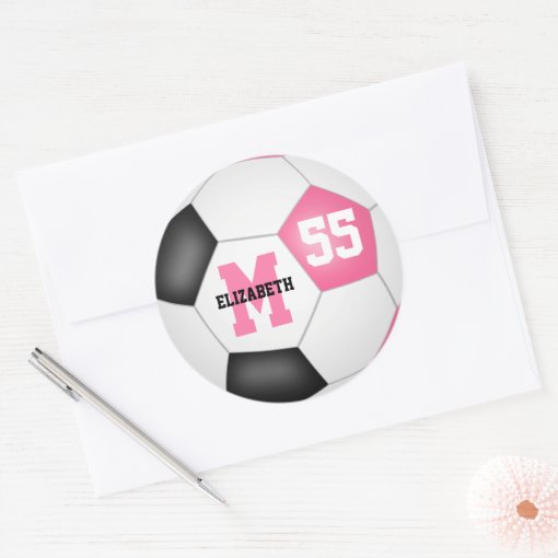 girly pink black soccer ball personalized classic round sticker | Zazzle