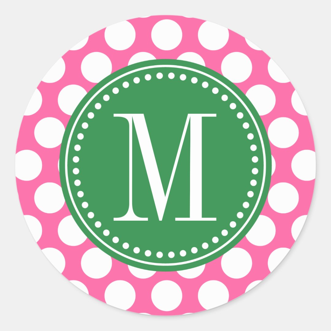 Girly Pink & Dark Green Big Polka Dots Monogrammed Classic Round ...