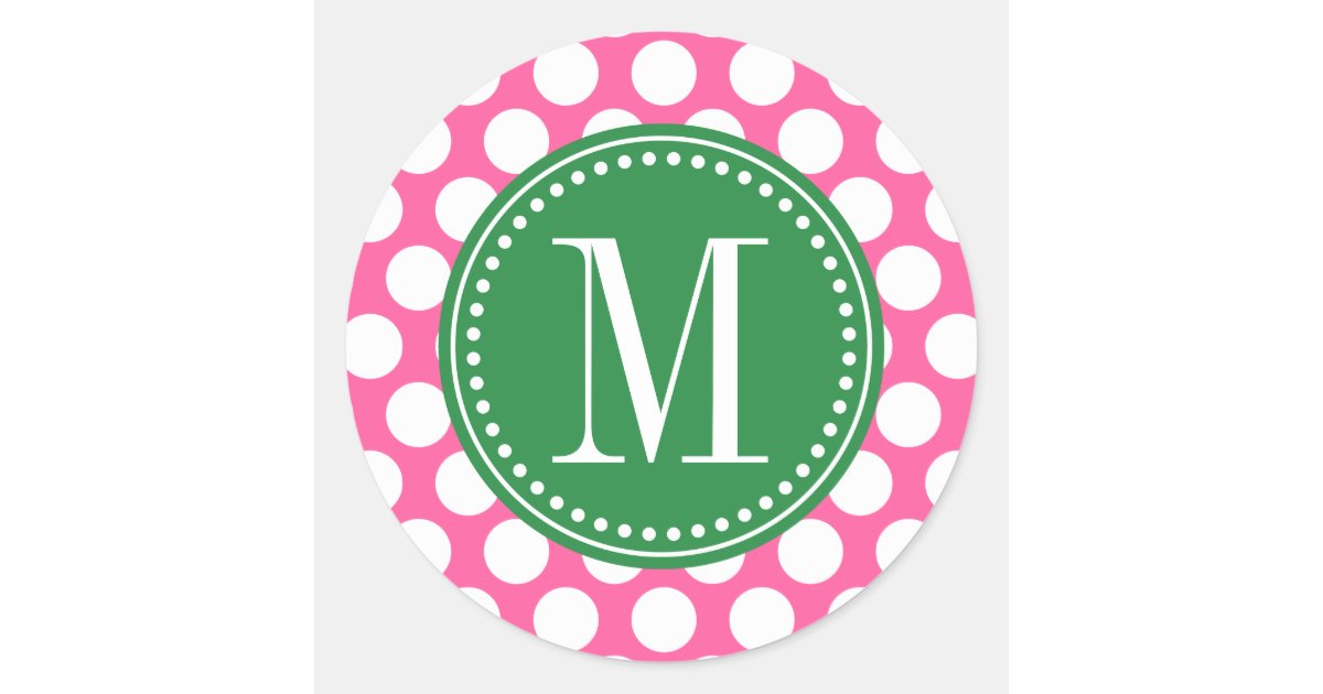 Girly Pink & Dark Green Big Polka Dots Monogrammed Classic Round ...