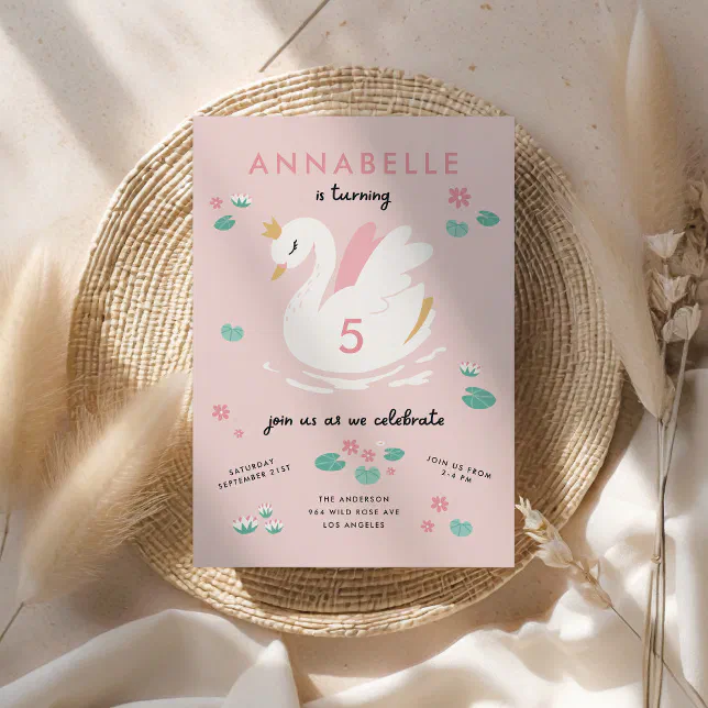 girly pink elegant swan children's invitation | Zazzle