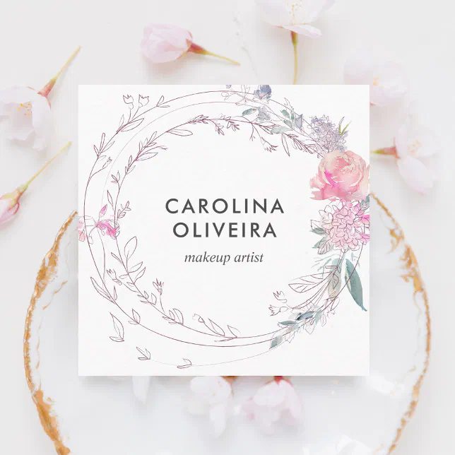 Girly Pink Floral Elegant Square Business Card | Zazzle