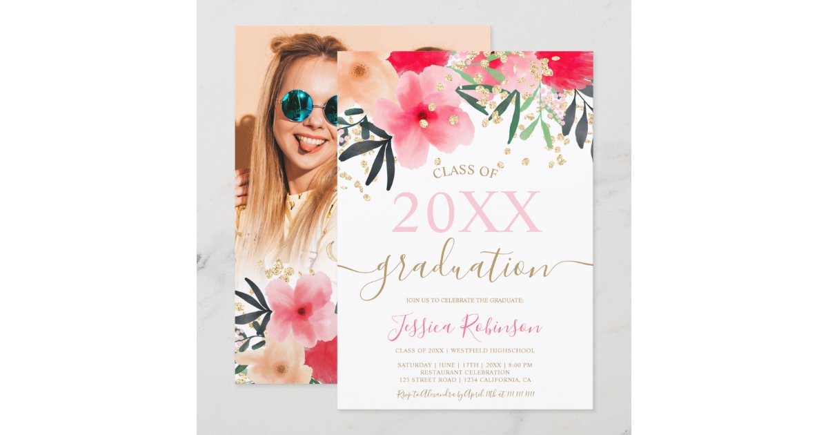 Girly pink floral gold glitter photo graduation invitation | Zazzle.com