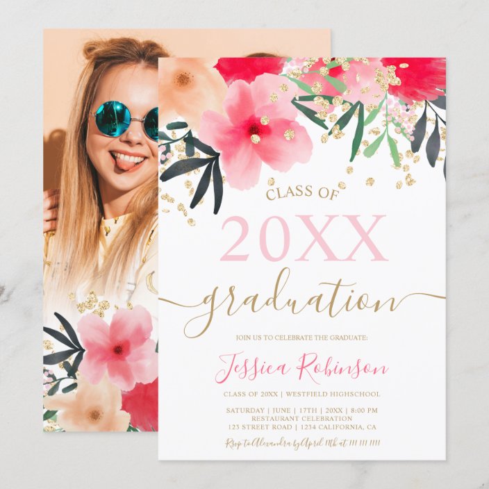 Girly pink floral gold glitter photo graduation invitation | Zazzle.com