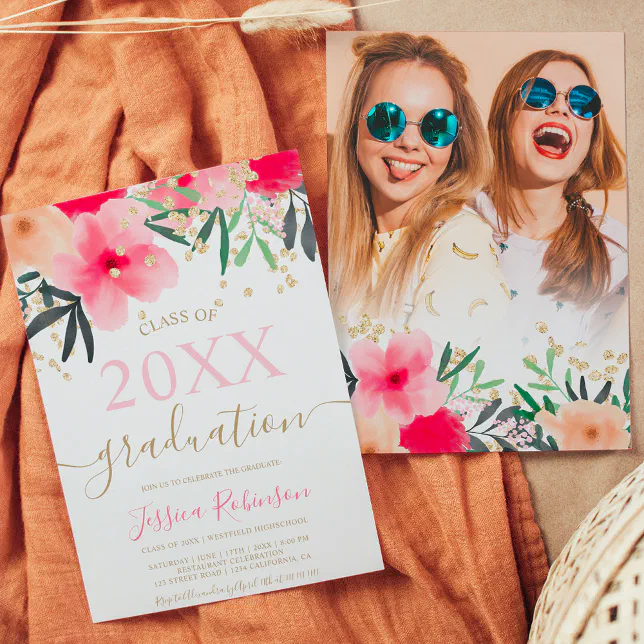 Girly pink floral gold glitter photo graduation invitation | Zazzle
