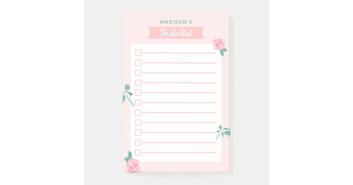 Girly Pink Floral Rose Personalized To Do List Post-it Notes | Zazzle