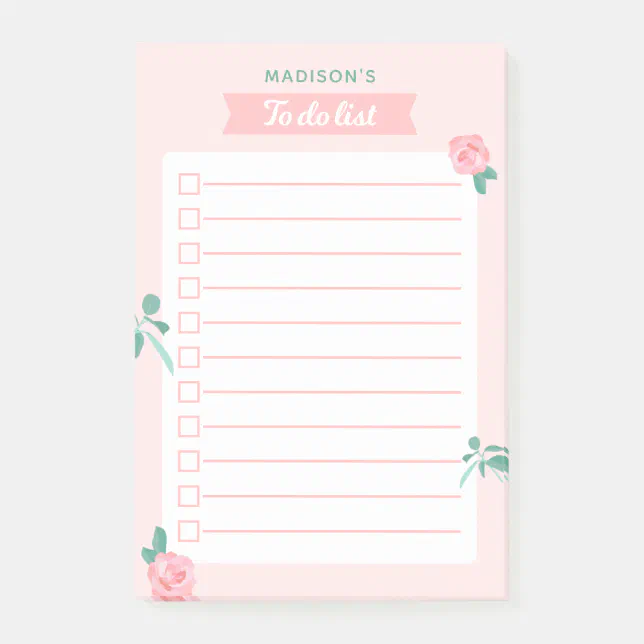 Girly Pink Floral Rose Personalized To Do List Post-it Notes | Zazzle