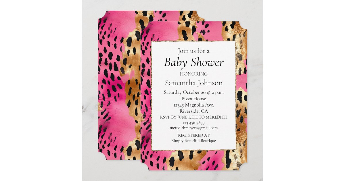 Girly Pink Glam Gold Leopard Baby Shower Invitation | Zazzle