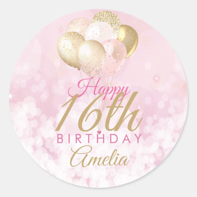 Girly Pink Glitter Balloons 16th Birthday Classic Round Sticker | Zazzle