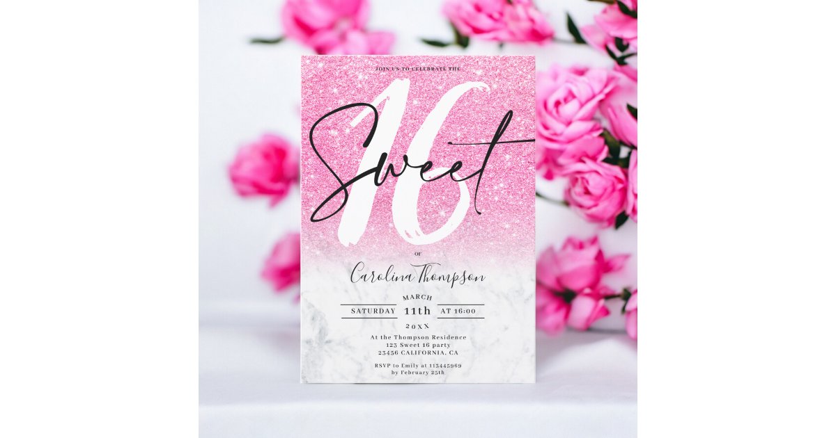 Girly pink glitter border marble photo Sweet 16 Invitation | Zazzle