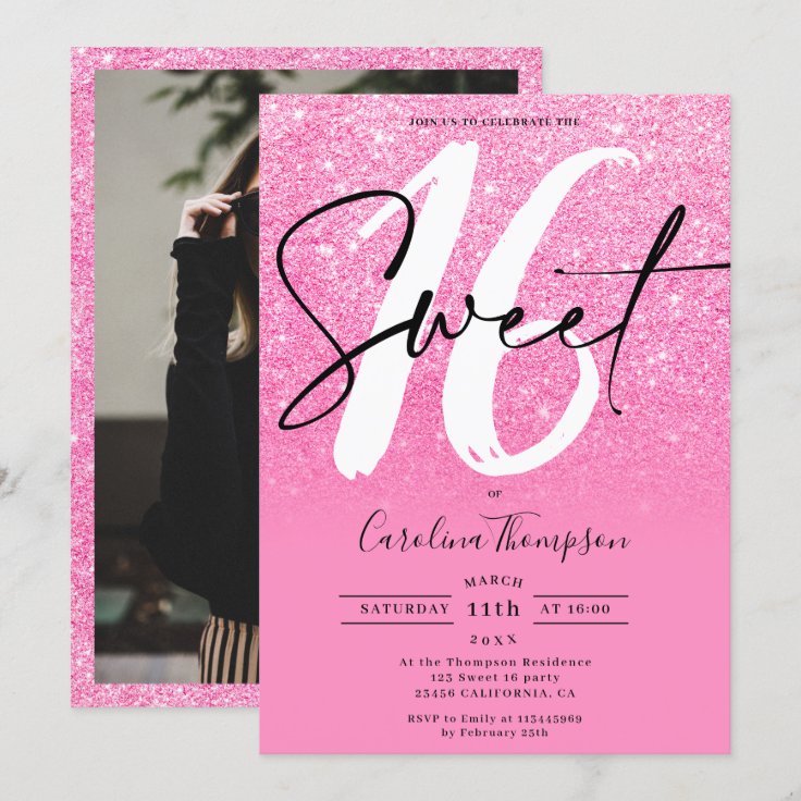 Girly pink glitter border script photo Sweet 16 Invitation | Zazzle
